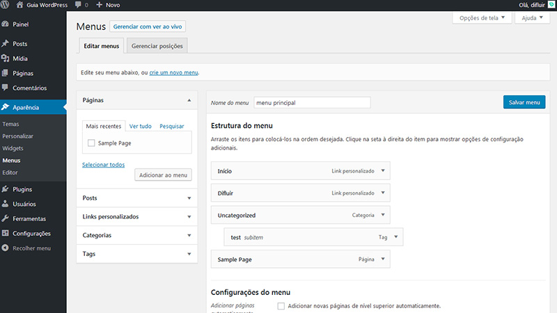 Como criar e editar menus no WordPress (Vídeo) – Difluir
